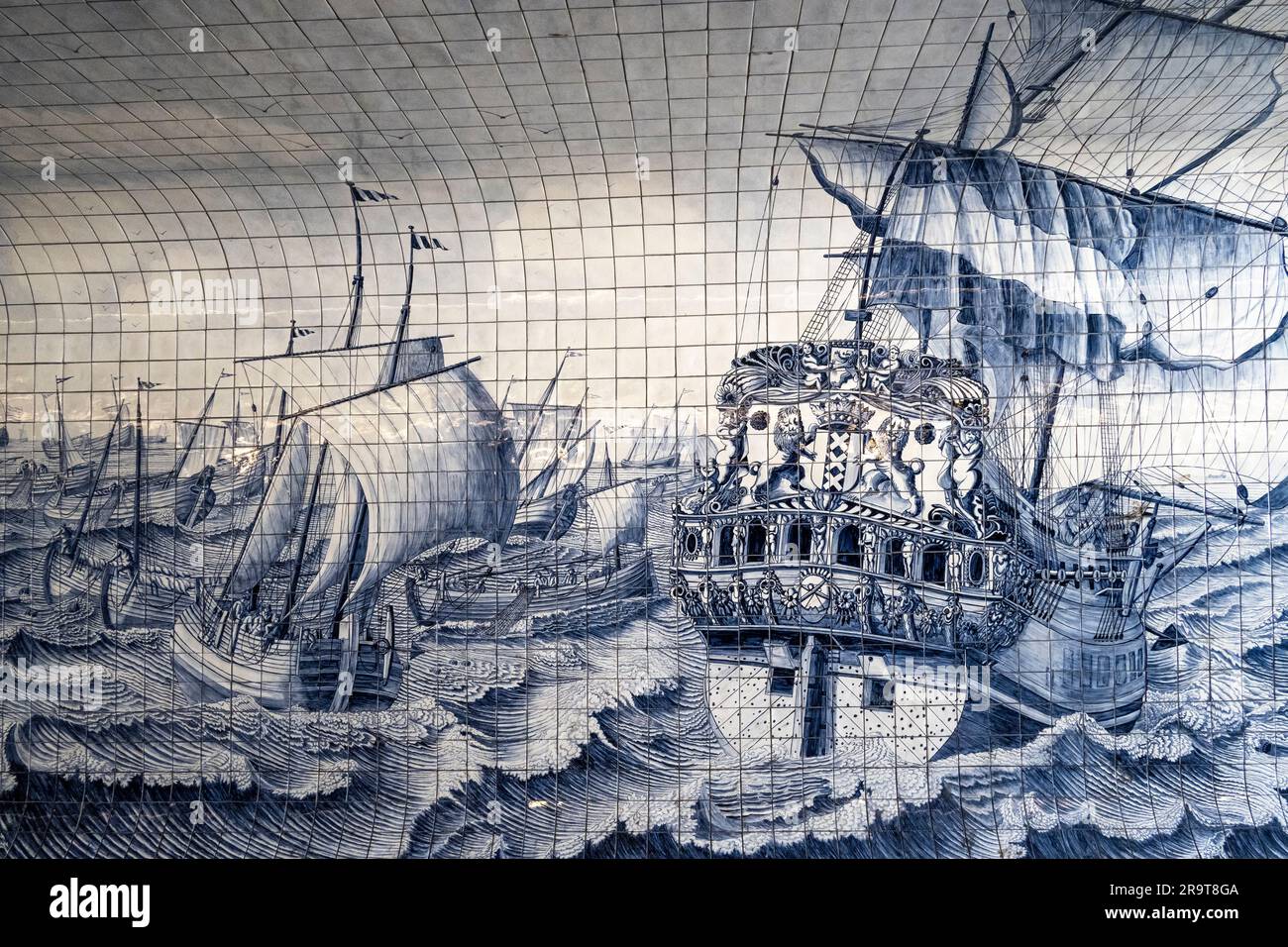 blue & white tiles showing a mariner seascape scene of wooden sailing ...