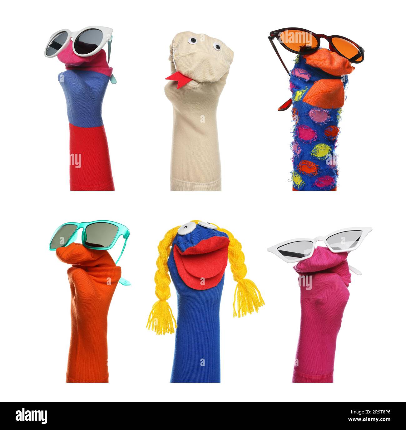 Many colorful sock puppets on white background, collage design Stock ...