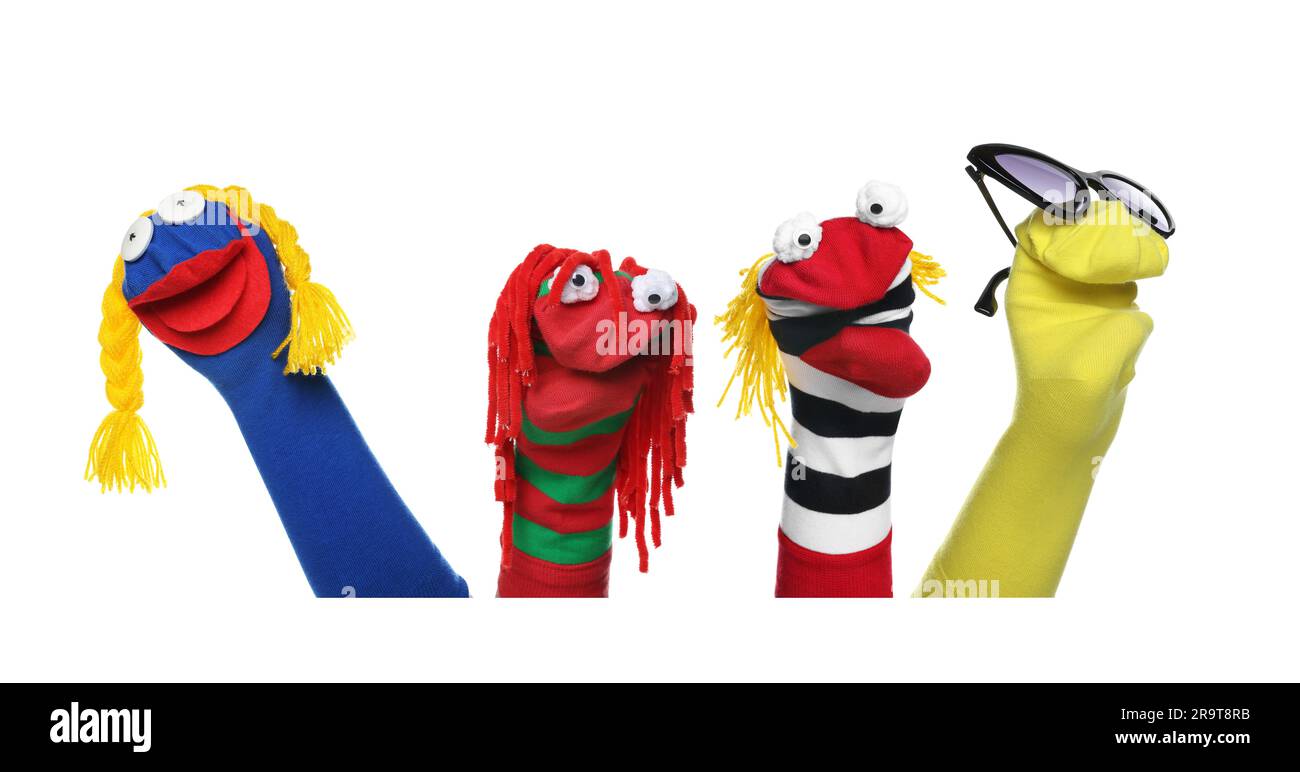 Many colorful sock puppets on white background, collage design Stock ...