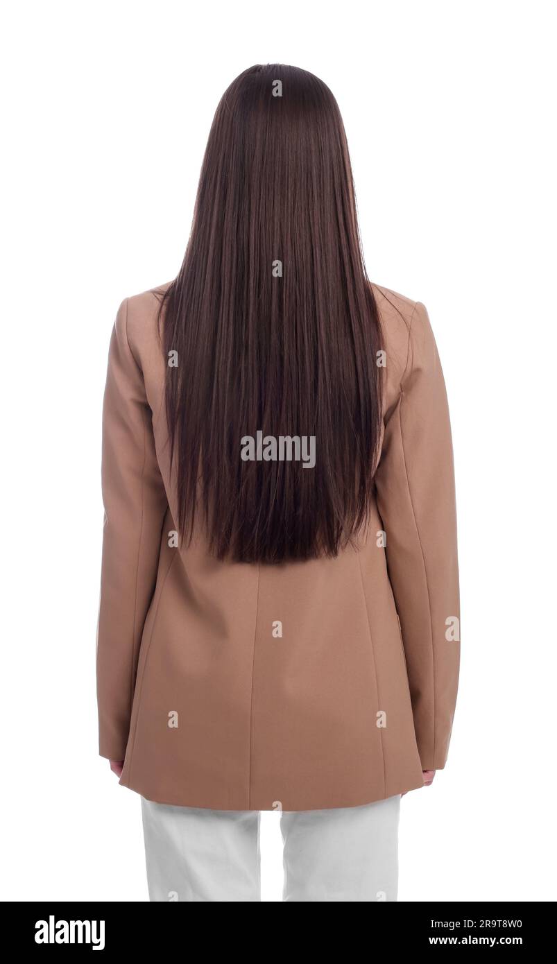 Businesswoman in suit on white background, back view Stock Photo - Alamy