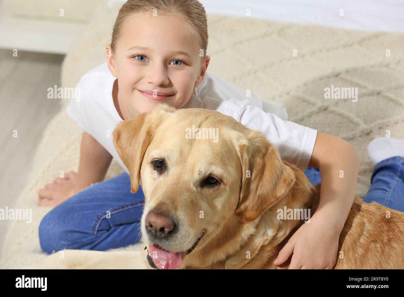 Cute child with her Labrador Retriever on bed. Adorable pet Stock Photo ...
