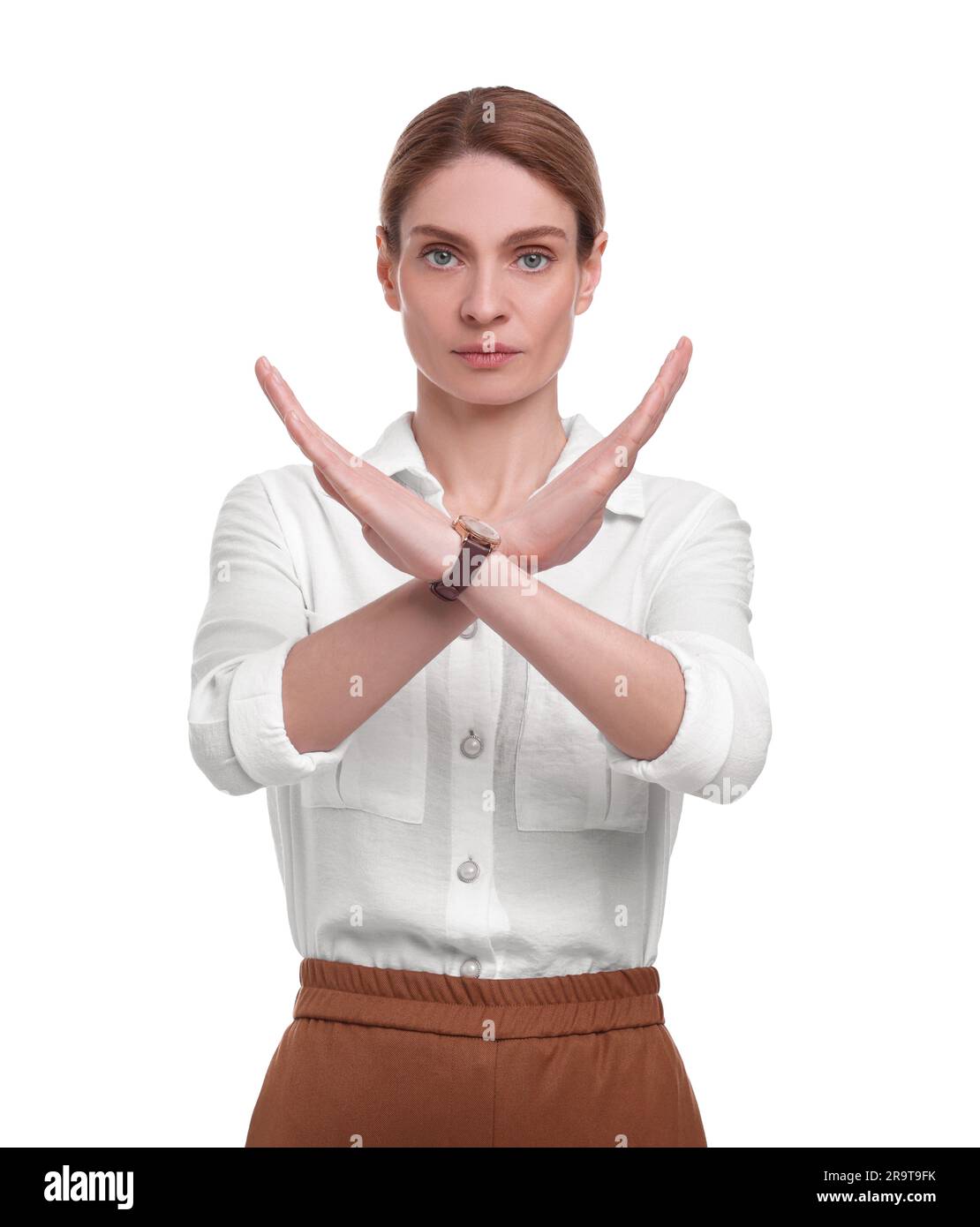 Portrait of beautiful businesswoman rejecting on white background Stock ...