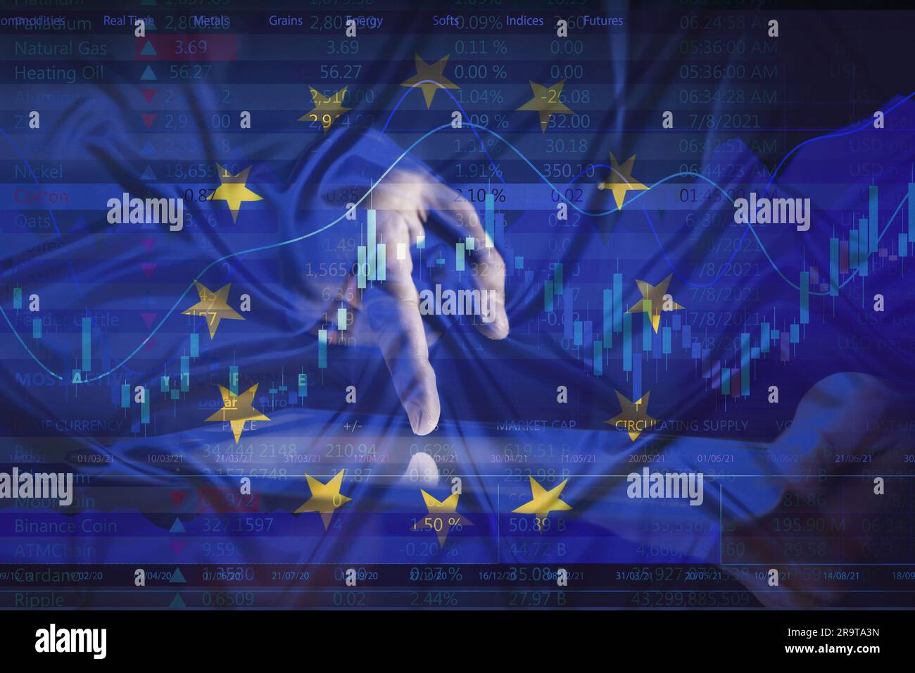 Stock exchange. Multiple exposure with European flag, data, graph and ...