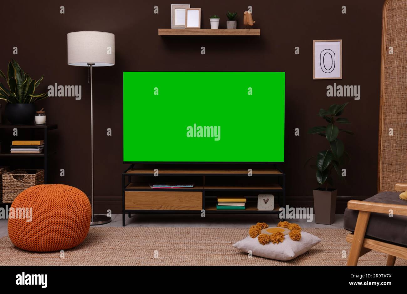 Chroma key compositing. TV with mockup green screen in room. Mockup for ...