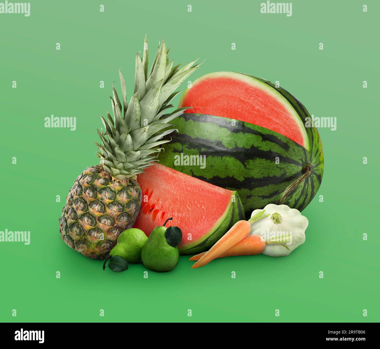 Fresh fruits and vegetables on green gradient background Stock Photo ...