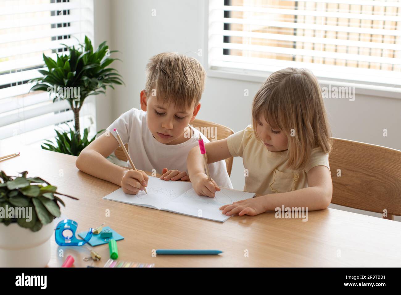 Brother and sister write and draw together with pencils at the table ...