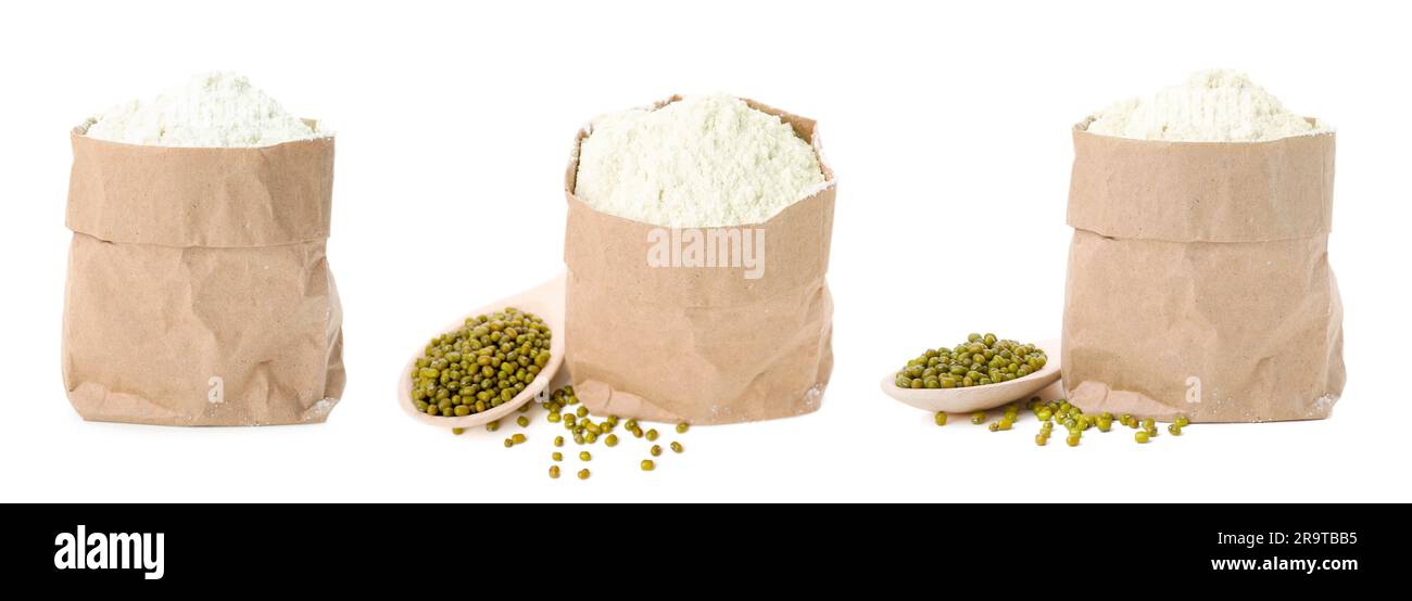 Paper bags with mung bean flour on white background, collage design ...