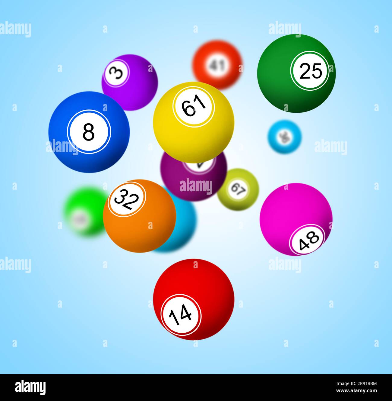 Many lottery balls falling on light blue background Stock Photo - Alamy