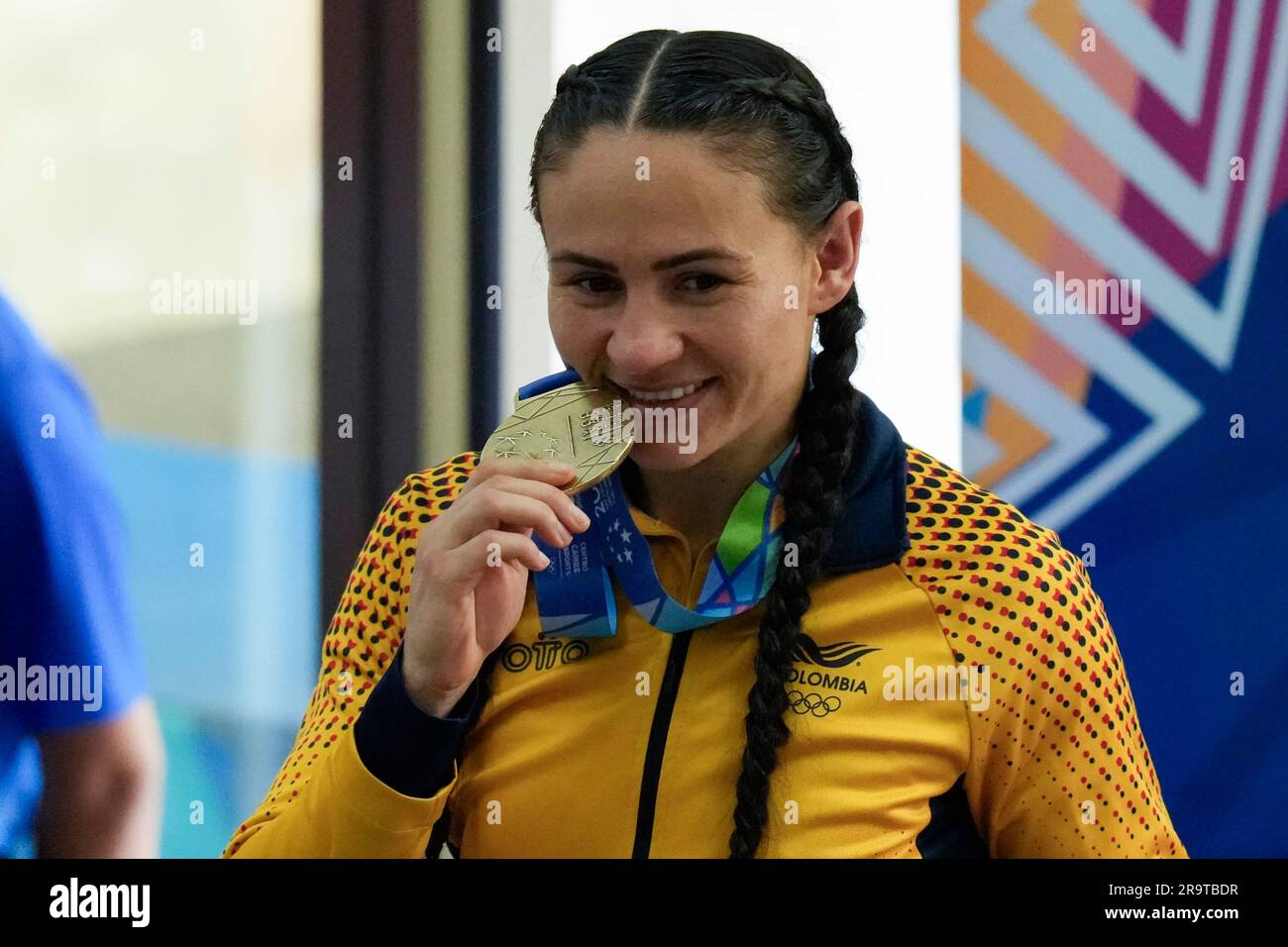 Gold medal winner Yeni Arias of Colombia poses with her medal after the ...