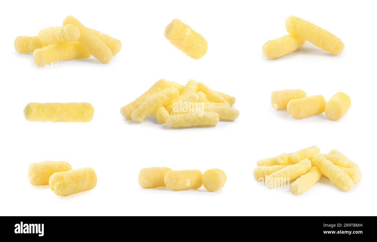 Collage with tasty corn sticks on white background Stock Photo - Alamy
