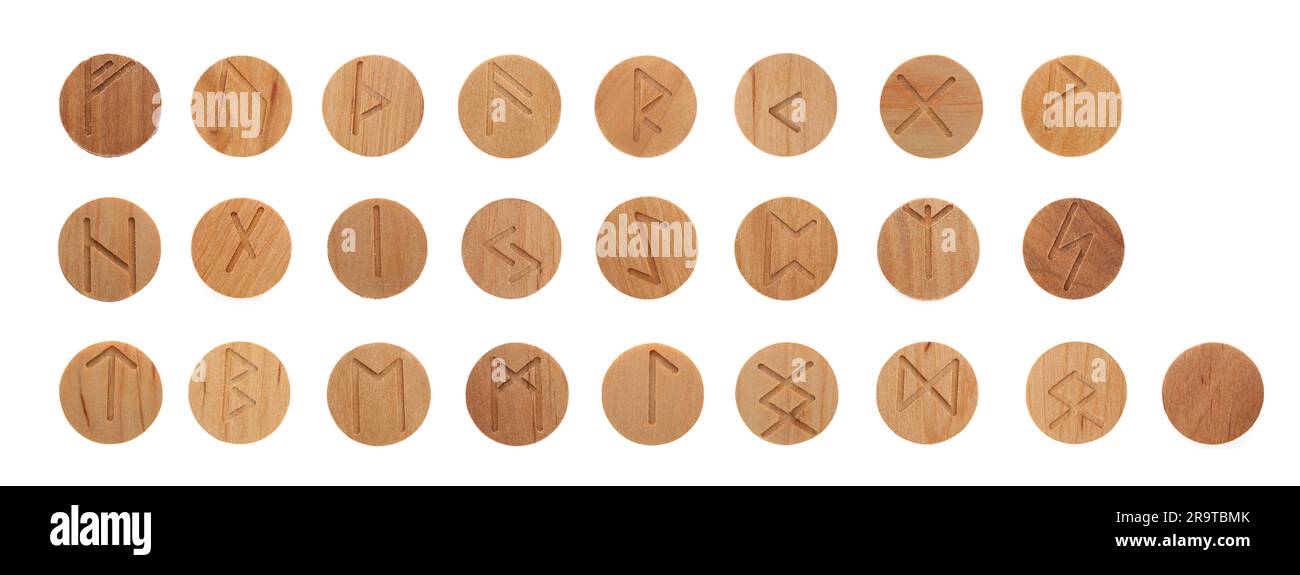 Set of wooden runes on white background, top view. Divination tool ...