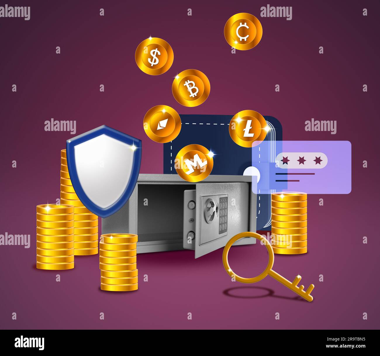 Security of online currency. Different cryptocurrency coins, safe ...