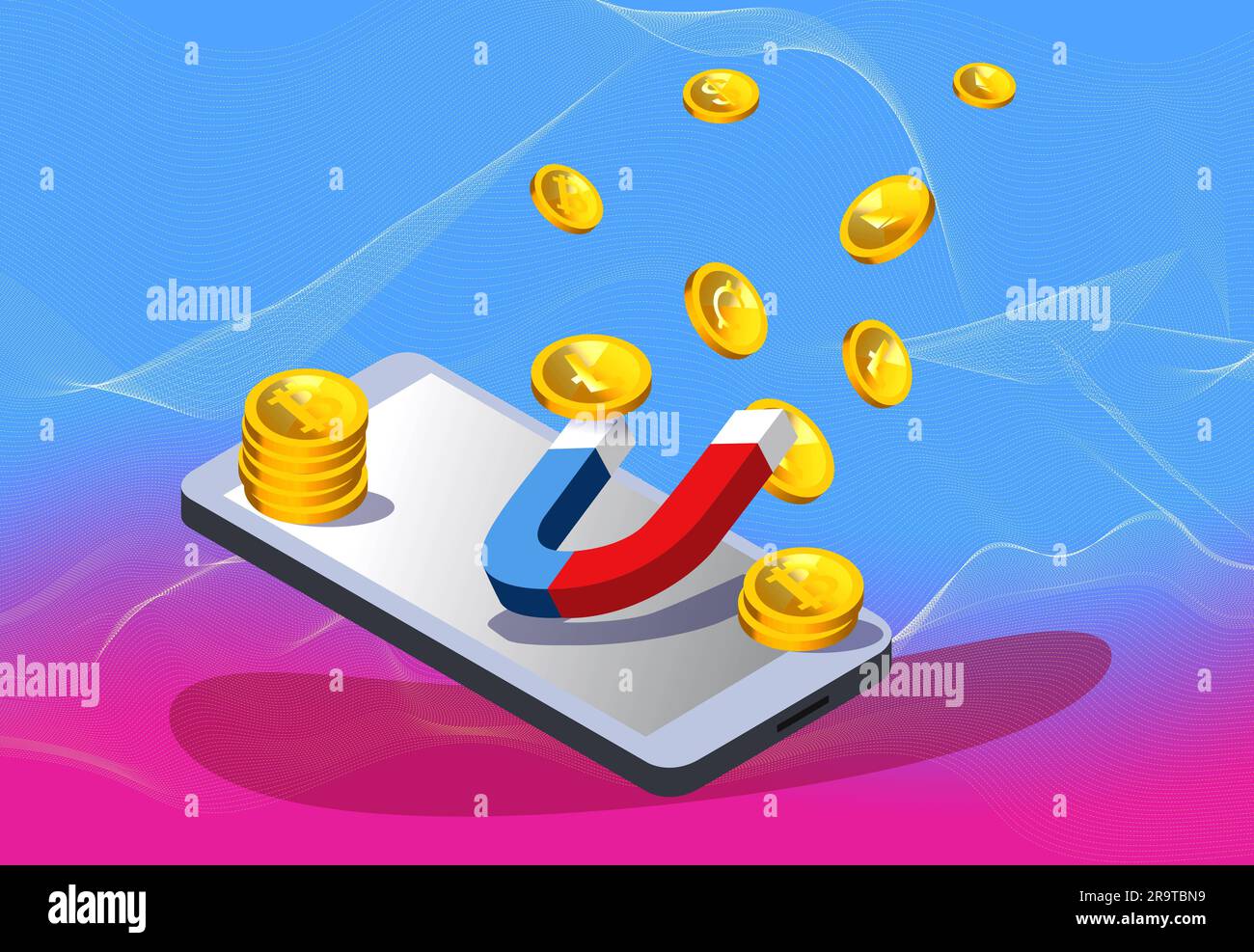 Different cryptocurrency coins attracted to magnet flying into mobile ...