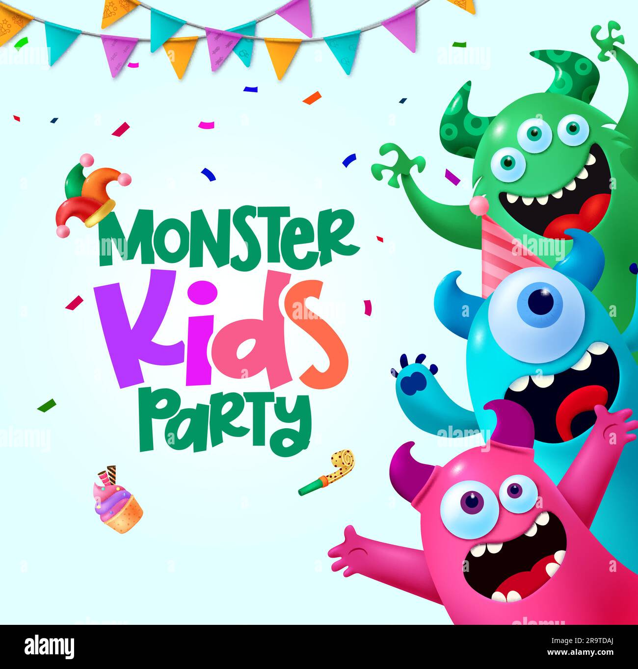 Monster kids party vector design. Birthday party invitation card with ...