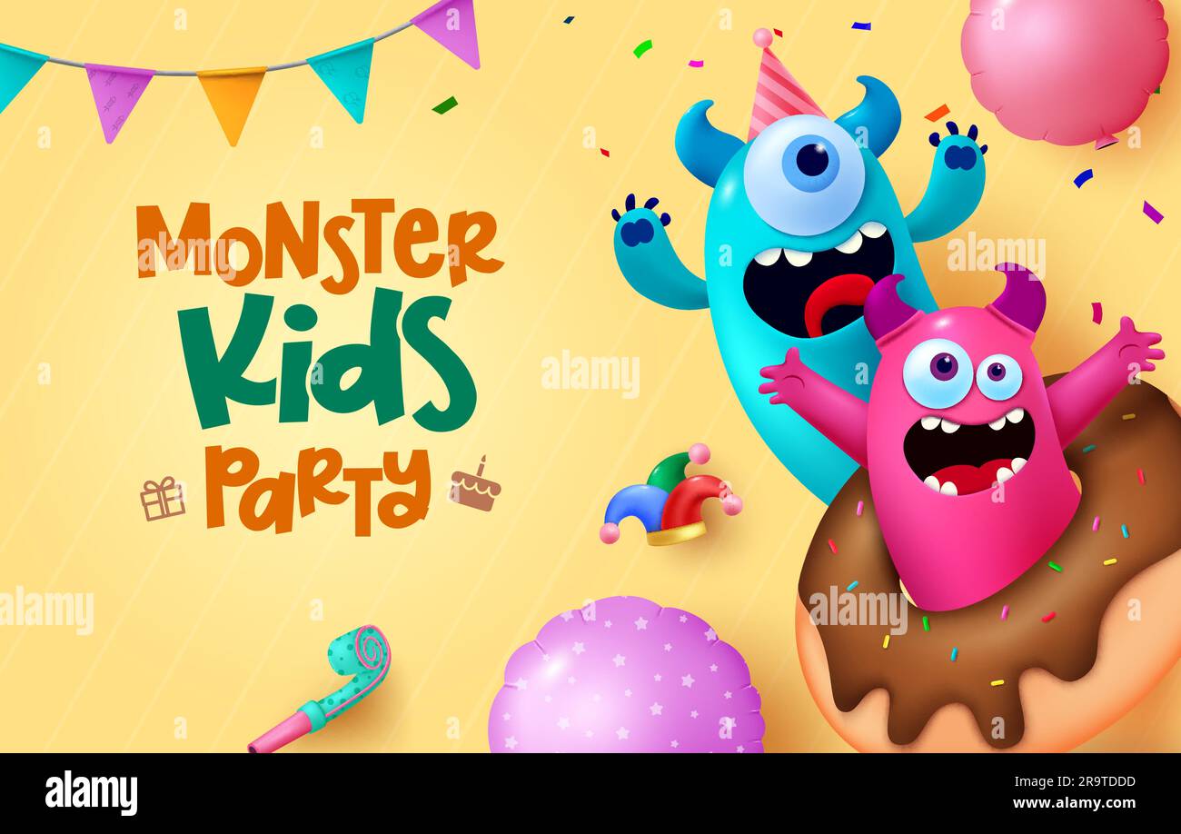 Monster kids party vector design. Birthday kids party text with mascot ...