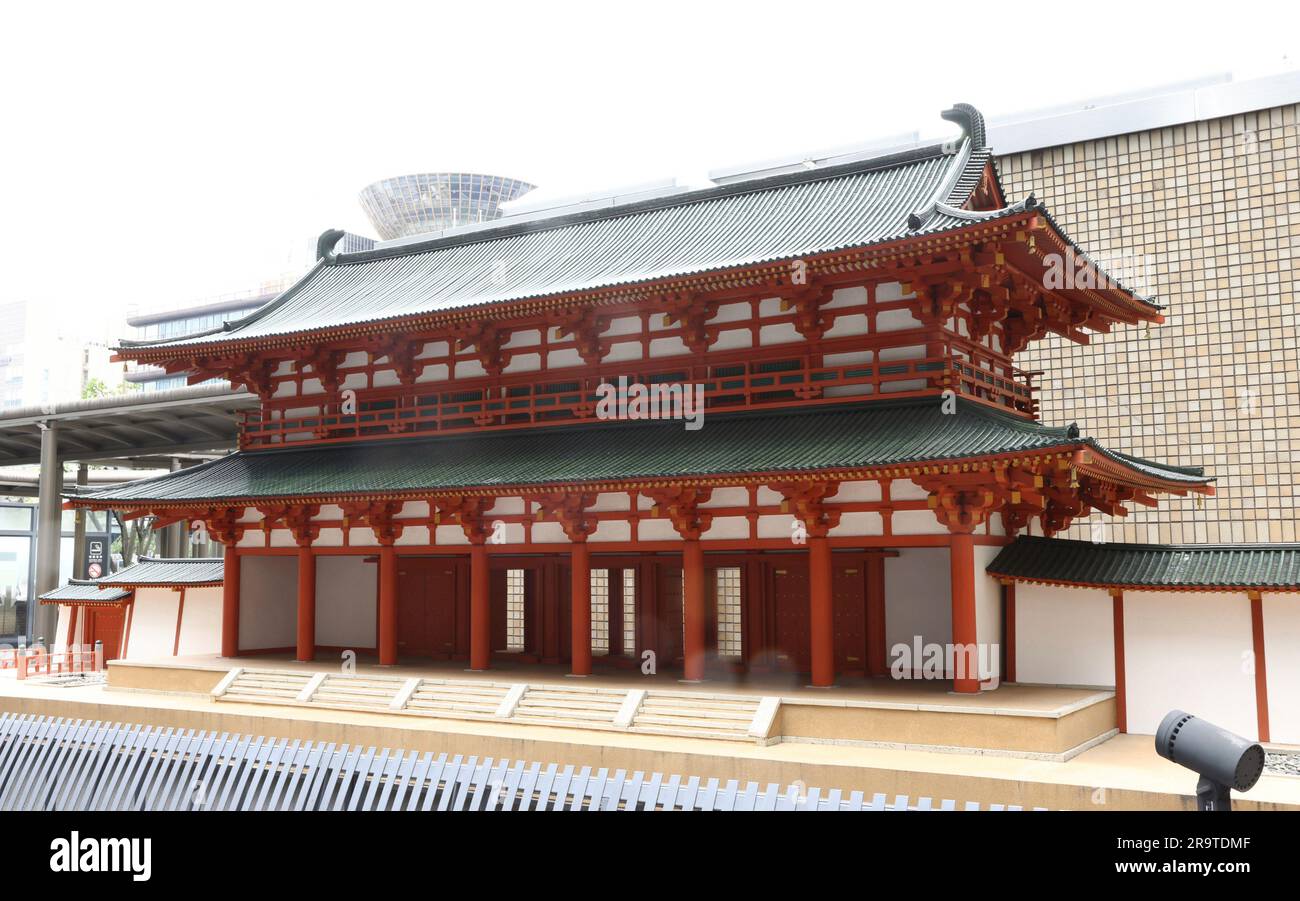 The one-tenth the size model of the Rajōmon Gate is displayed in front ...