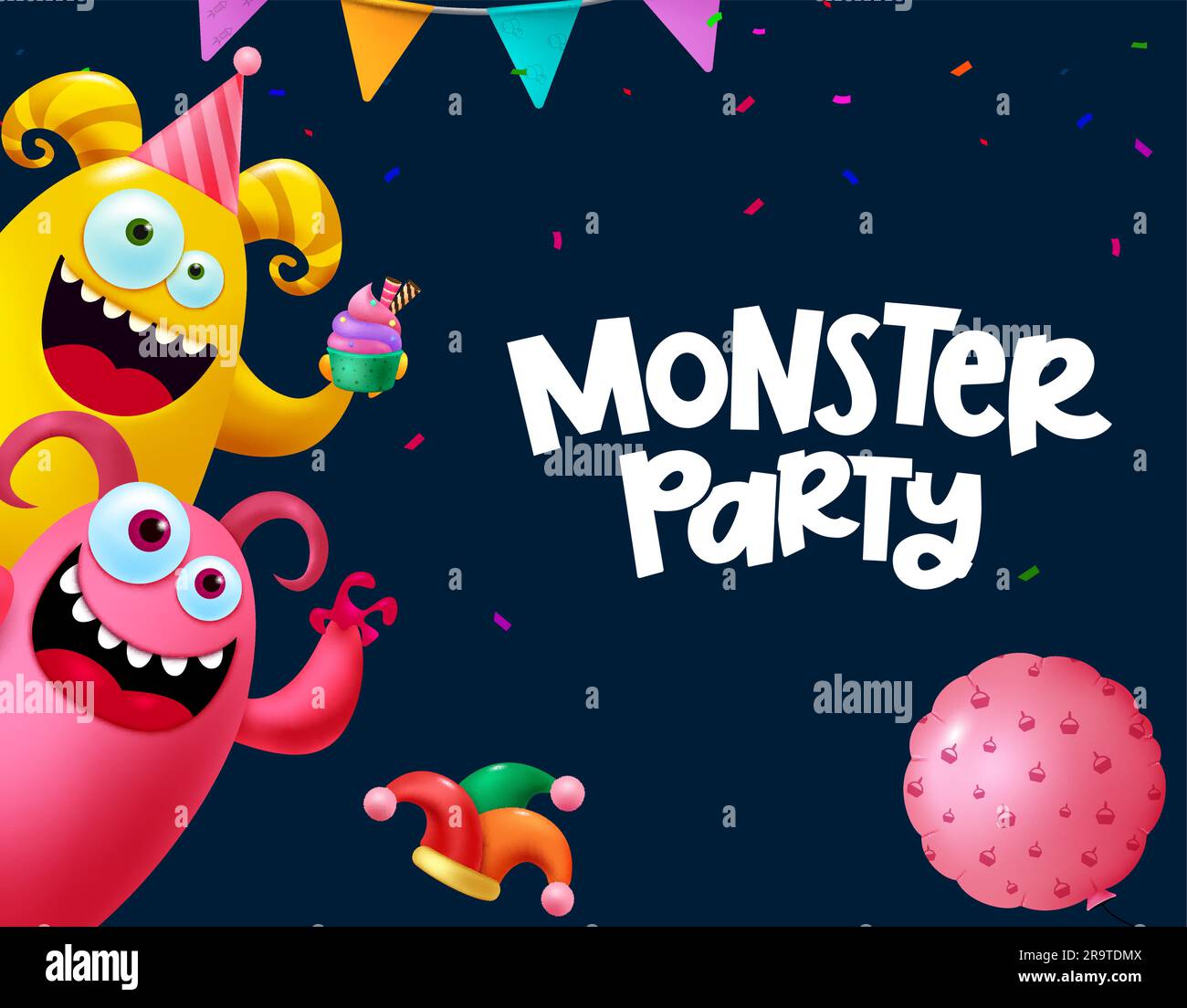 Monster party text vector design. Birthday celebration with cute, funny ...