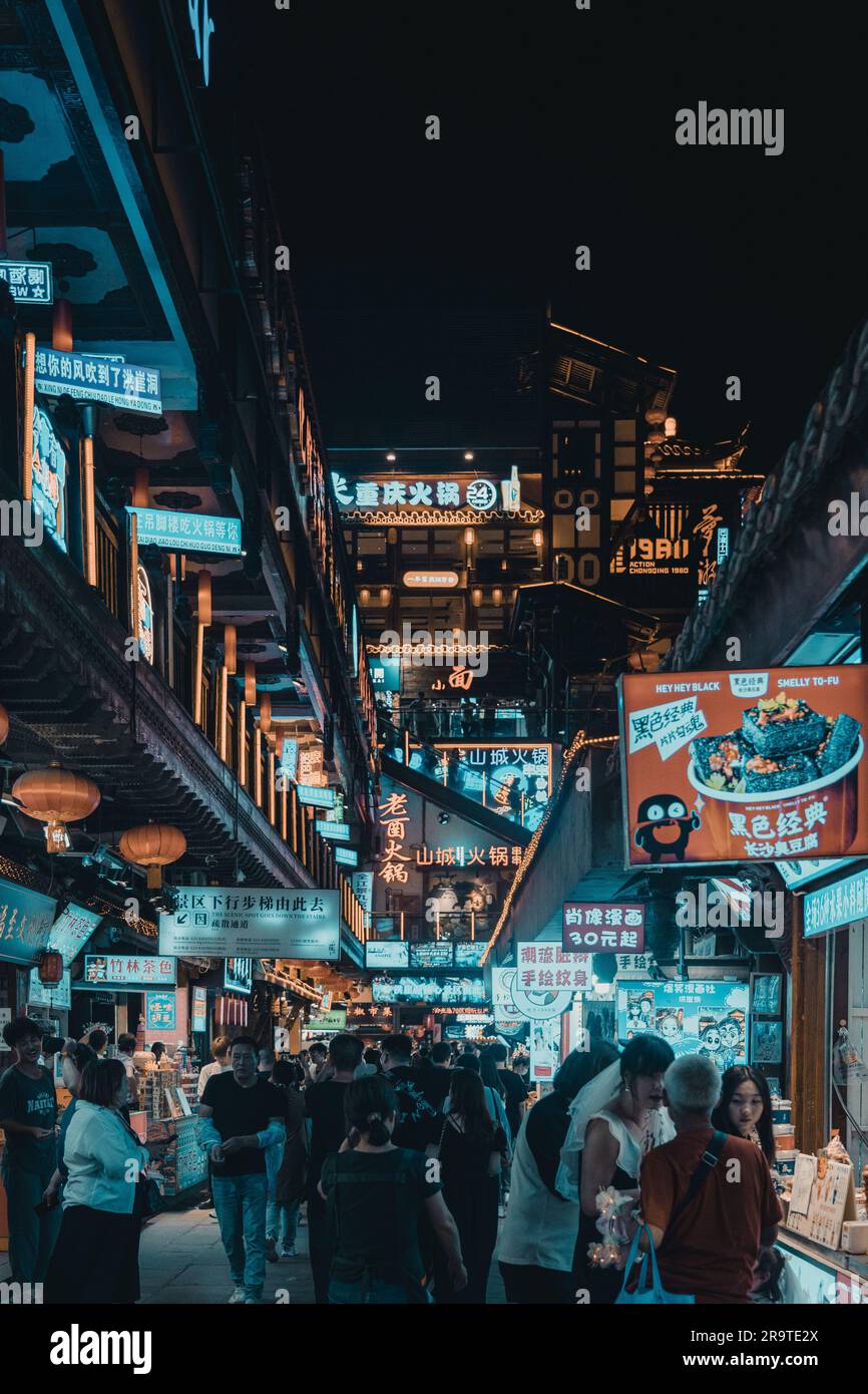 Chongqing, China - June 05 2023 : Hongya cave at night; It isfamous ...