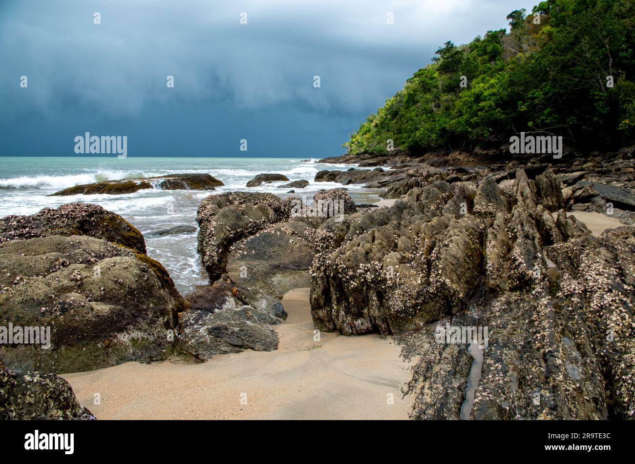 Etty Bay, Shoreline, rocks, shellfish, sand, salt water, waves, storm ...