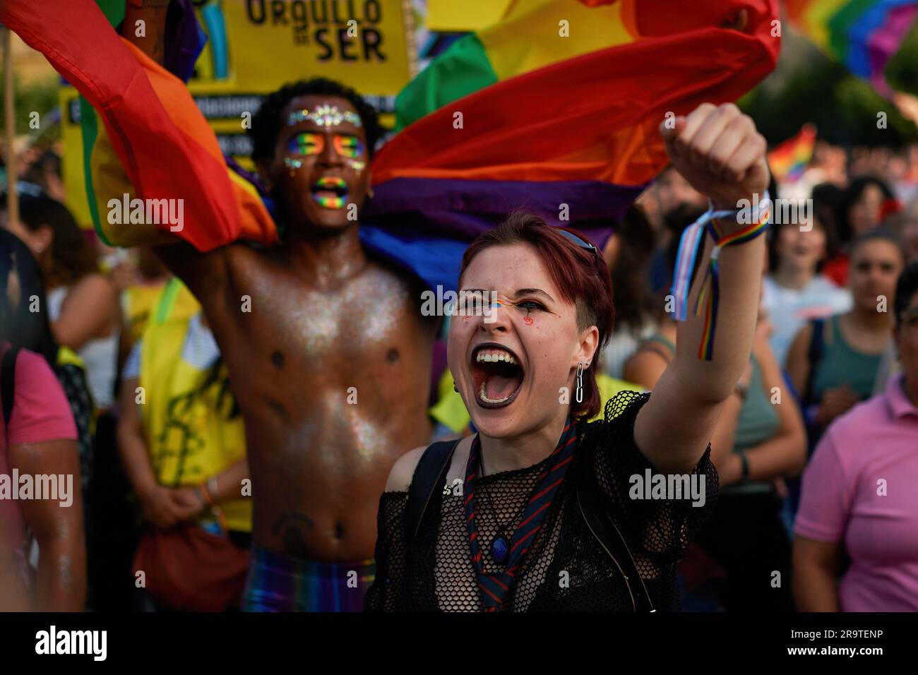 Pamplona, Spain. 28th June, 2023. Protester gestures during the gay ...
