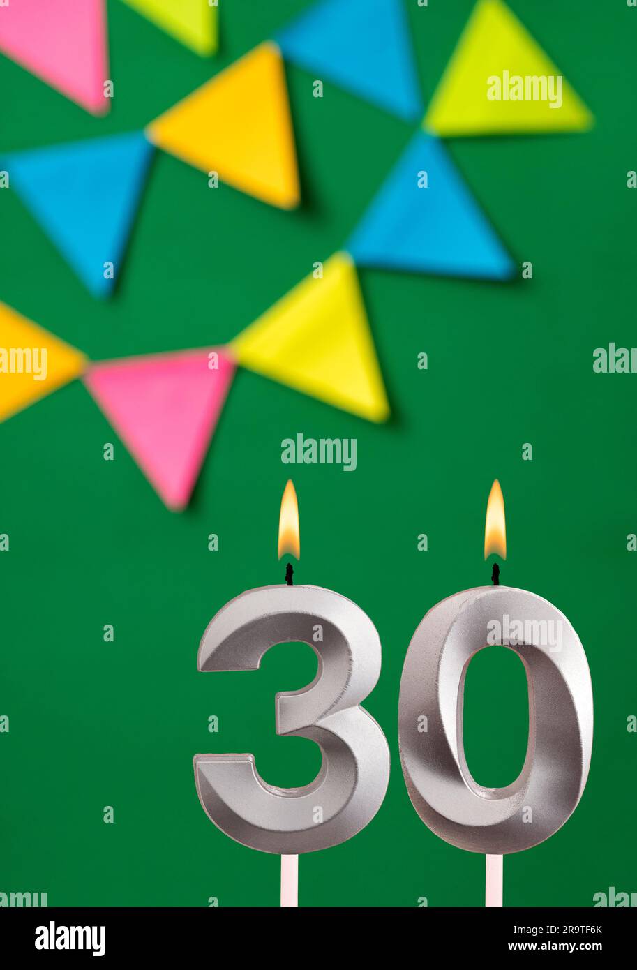Vertical birthday card with number 30 candle - Green background with ...