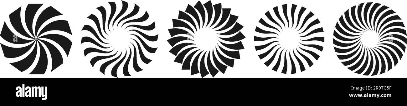 Black and white curl sunburst circles collection. Stylized radial ...