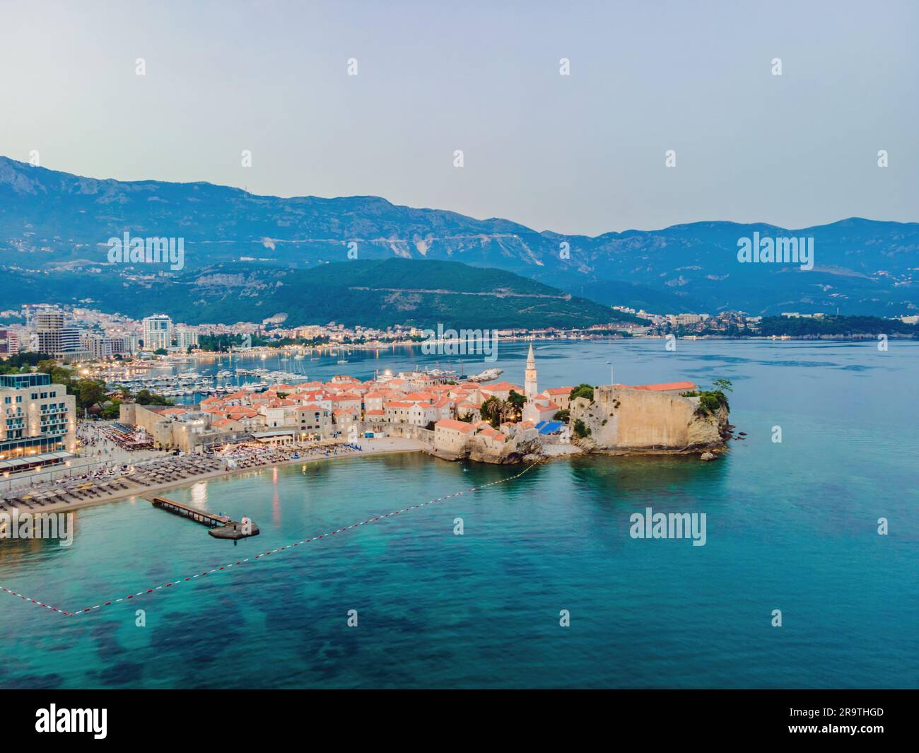 Budva city lights from Montenegro seen from above. Night view. Drone ...