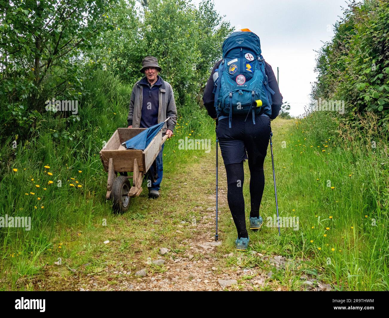 A pilgrim is seen greeting a farmer. The Camino de Santiago (the Way of ...