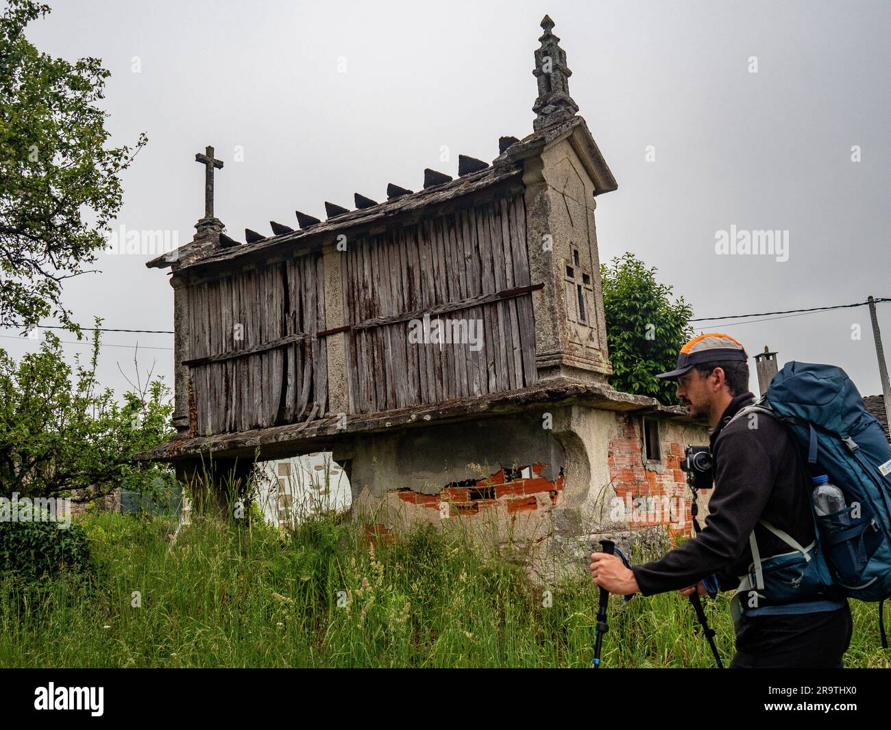 A pilgrim is seen passing by a traditional horreo, a typical granary ...