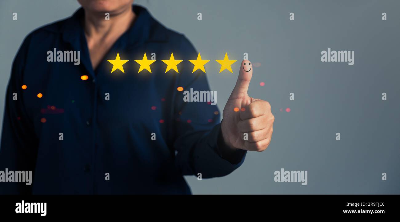 Hand with thumb up positive emotion smiley face icon and 5 star with ...