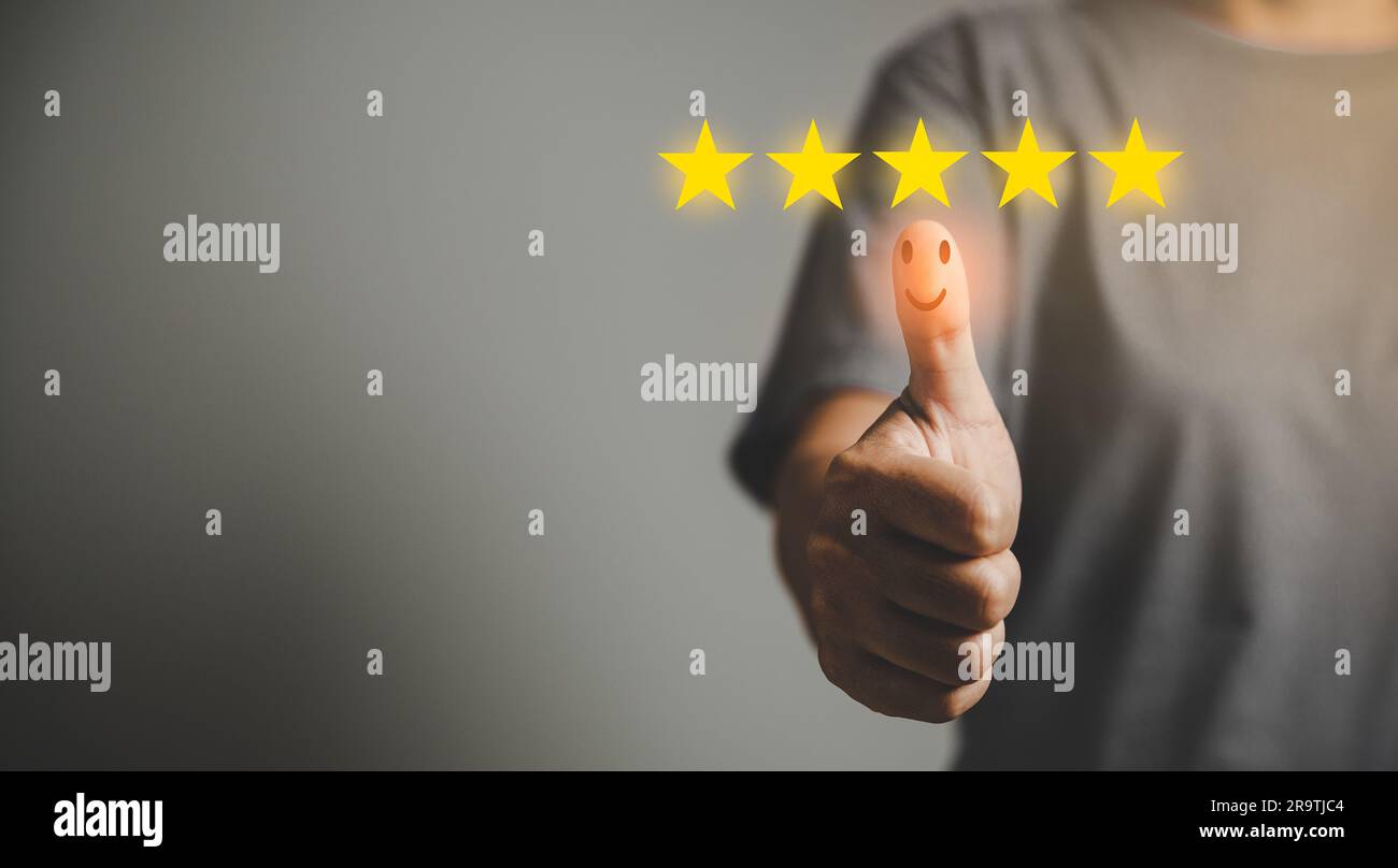 Hand with thumb up positive emotion smiley face icon and 5 star with ...