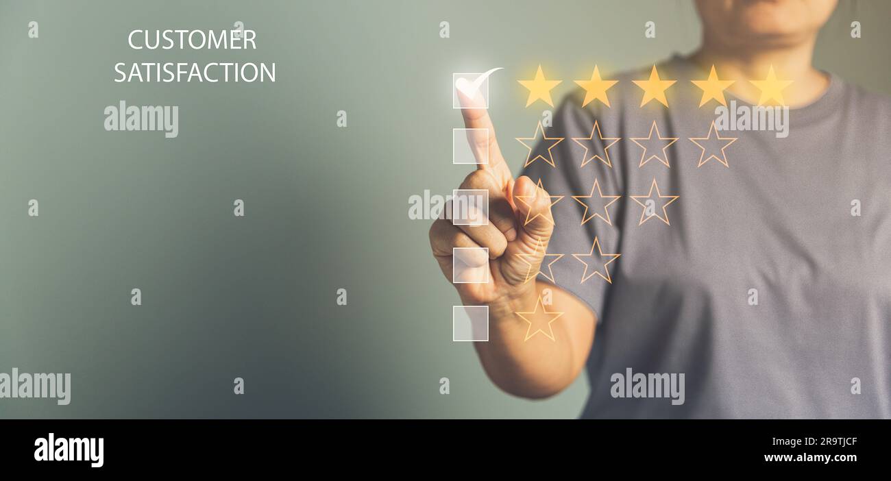 Customer service feedback. Business person are touching the virtual ...