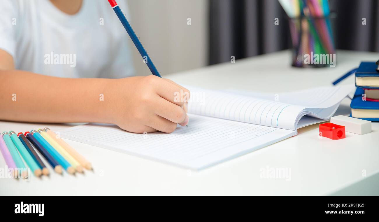 Boy person sitting study indoor at home, Male kid student online ...