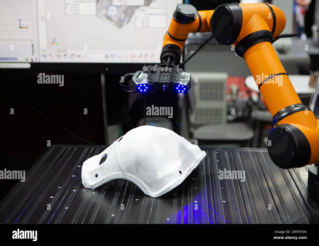 Automated 3D scanning. Robot perform 3D scan on workpiece. Industrial ...