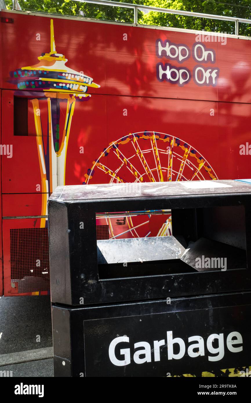 Seattle, USA. 1 Jun, 2023. A garbage can in Westlake as the Hop On Hop ...
