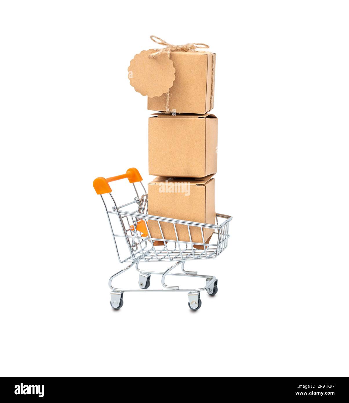 Cardboard boxes in shopping cart isolated on white background Stock ...