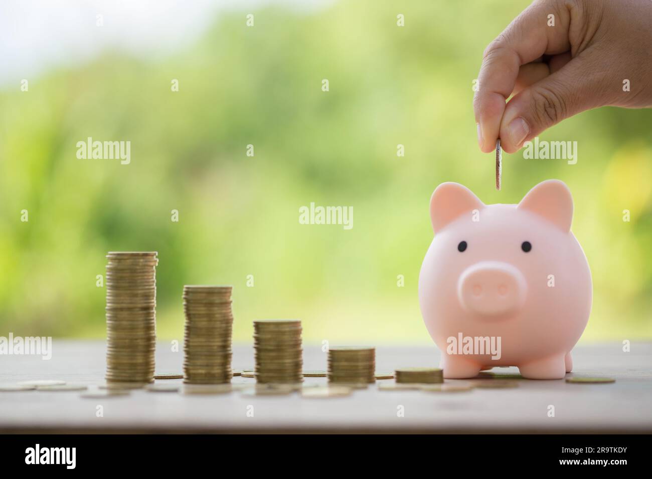 Female hand holding or putting money coin for saving. management cash ...