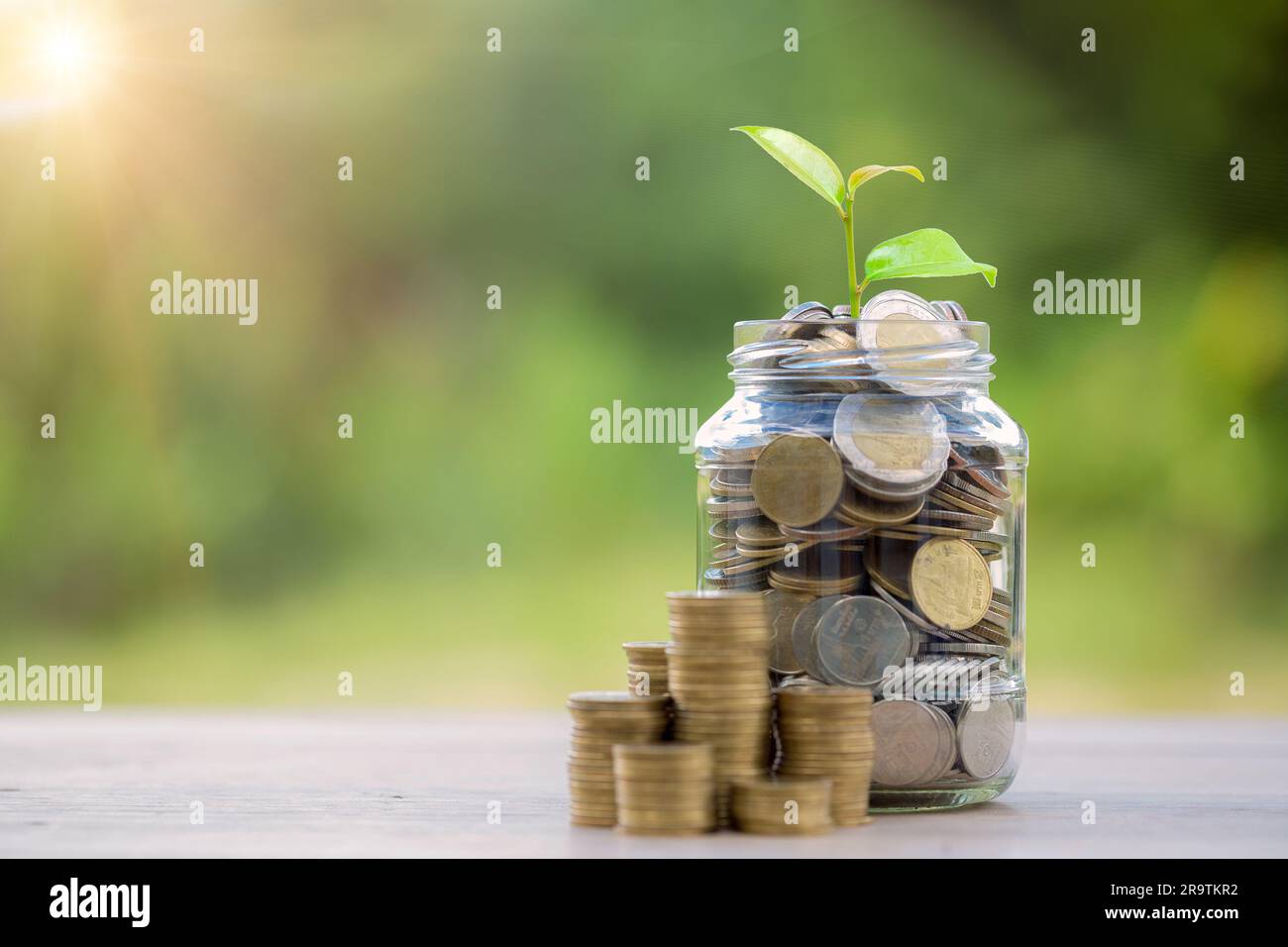 Money coin stack growing graph with glass jar saving concept. business ...