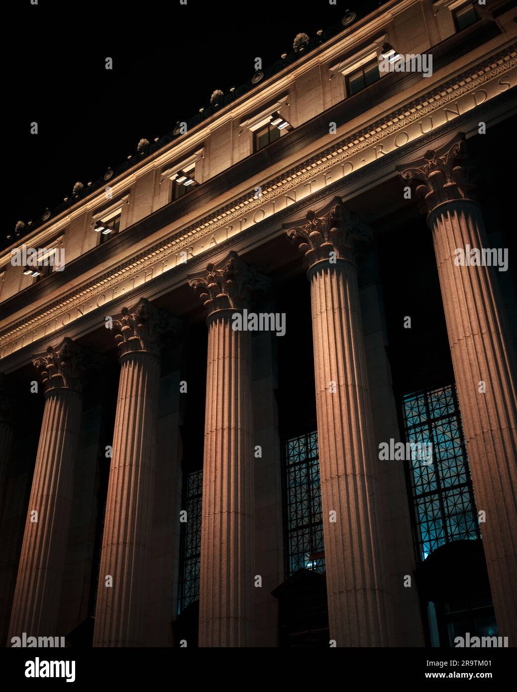 James A. Farley Building architectural details at night, Manhattan, New ...