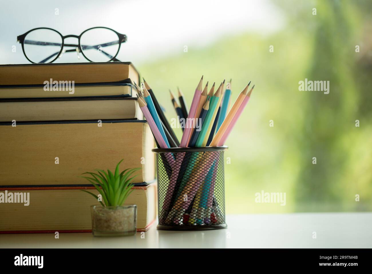 Object education green nature background with stack of ancient books or ...