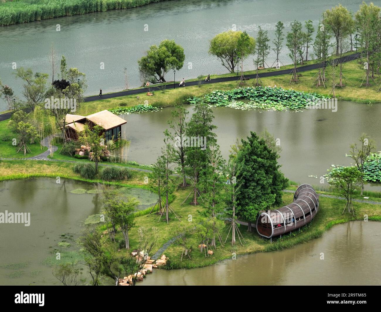 Aerial photo shows the summer scenery of Yunhe Sanwan Scenic Spot in ...