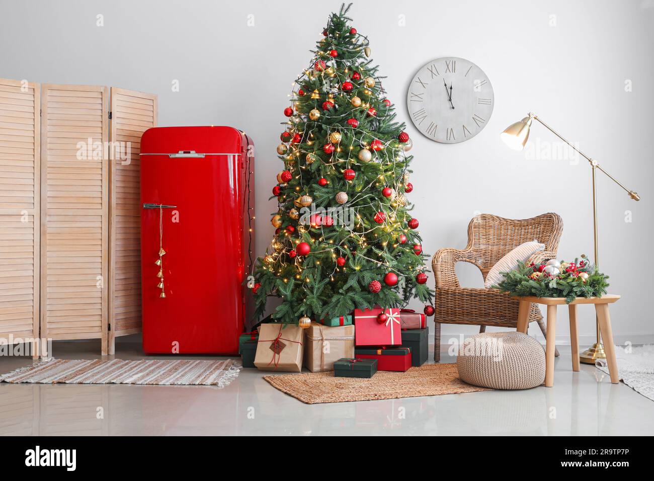 Interior of room with Christmas tree, fridge and glowing lights Stock ...
