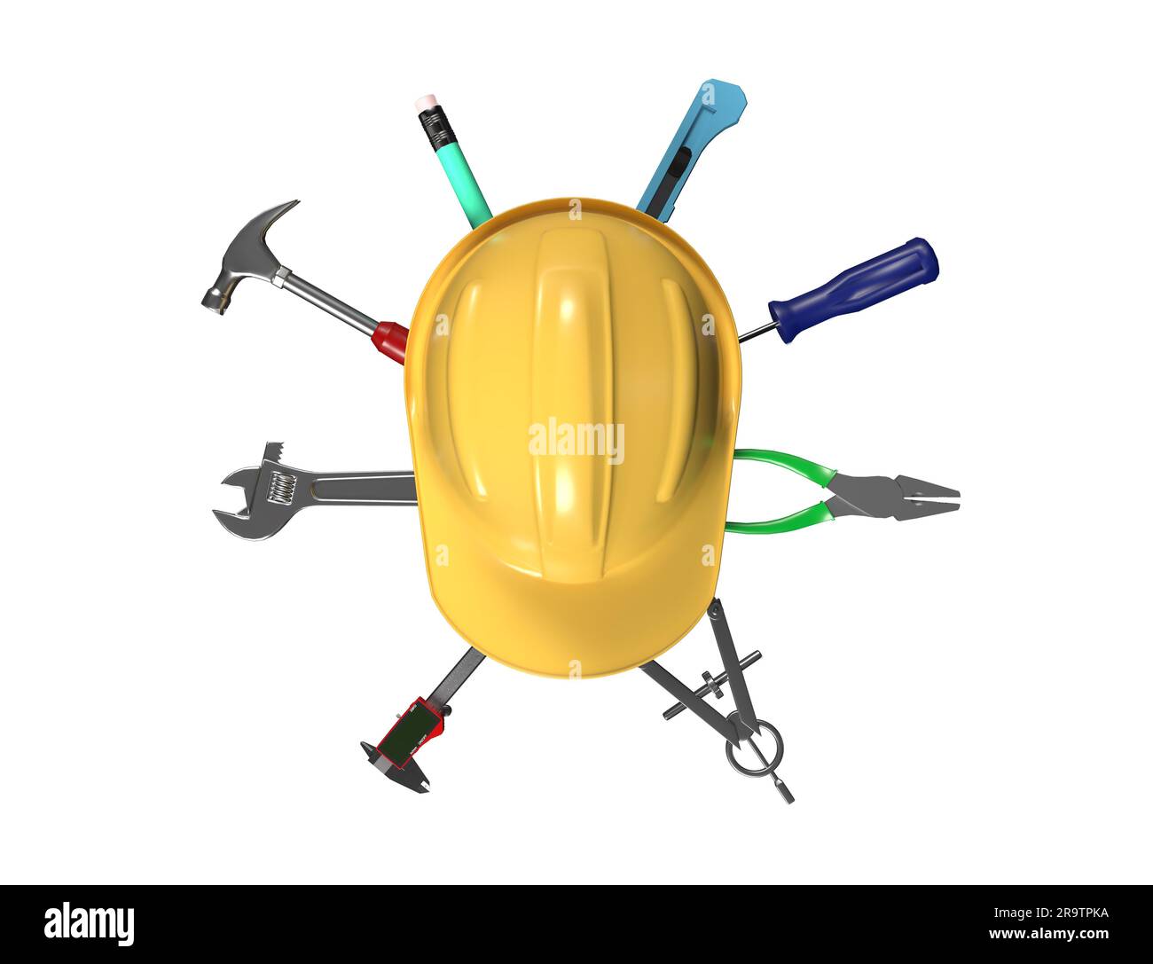 A 3D rendering of a safety cap with a collection of mechanical tools ...