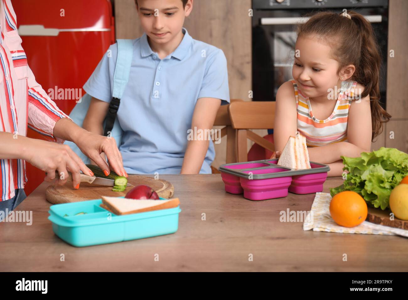 Mother preparing school lunch for her little children in kitchen Stock ...