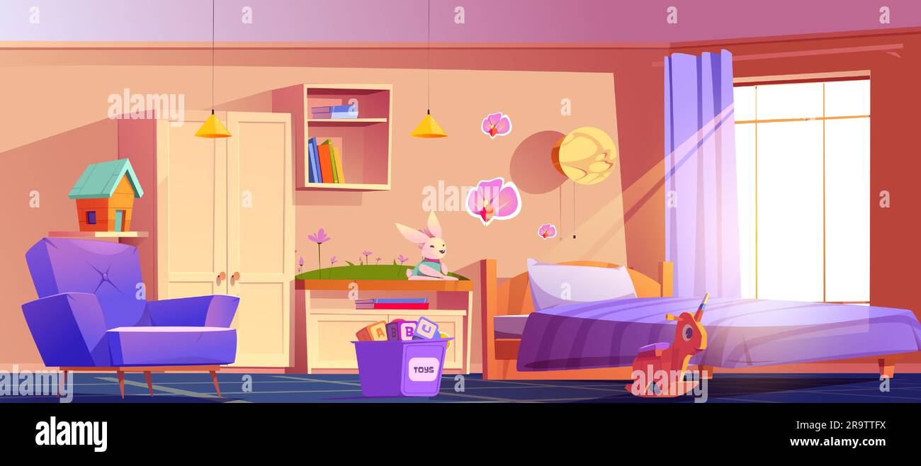 Modern girl teen bedroom interior cartoon vector. Kid bed and furniture ...