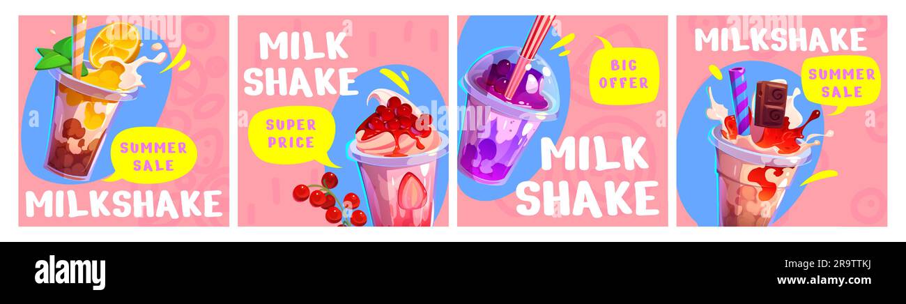 Cartoon set of promo banners for milkshake menu. Vector illustration of ...