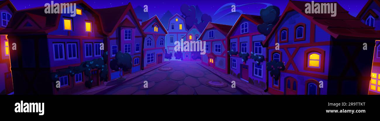 Medieval germany night town street with old house vector. European ...