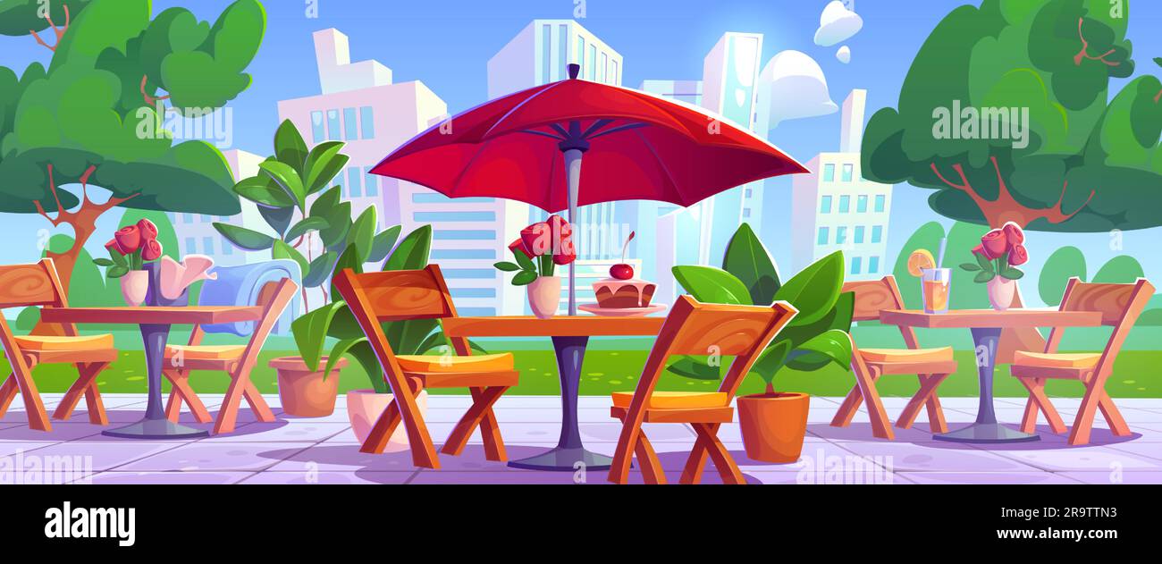 Outdoor cafe in city park on sunny day. Vector cartoon illustration of ...
