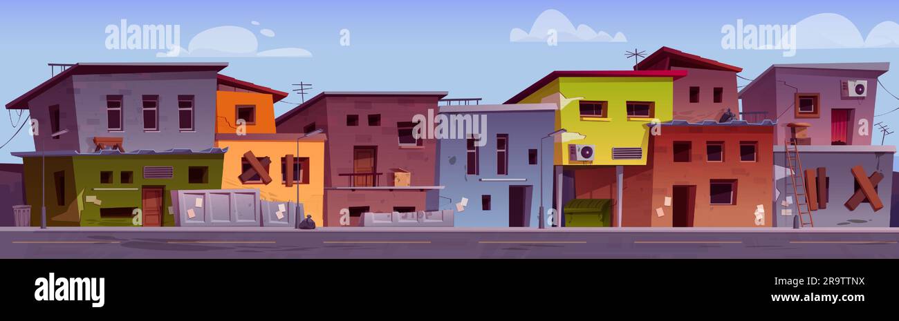 Poor ghetto city street district with slum house building vector ...