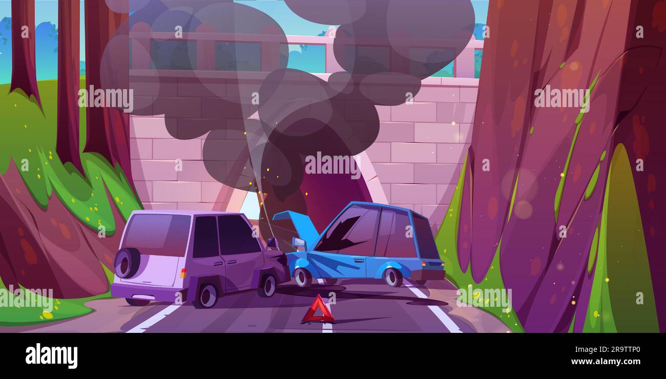 Car crash on highway to tunnel cartoon vector illustration. Road ...